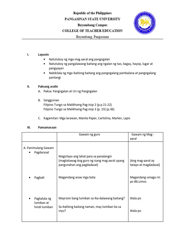 Republic of The Philippines Pangasinan State University Bayambang Campus College of Teacher ...