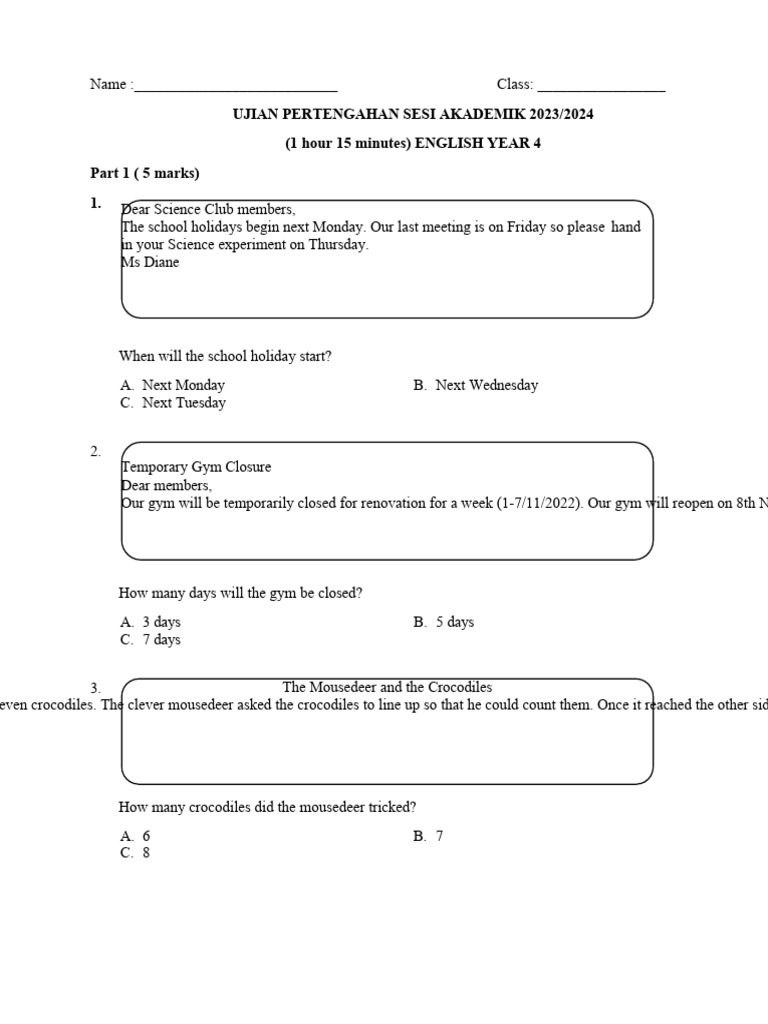 Year 4 UASA English Exam Overview | PDF