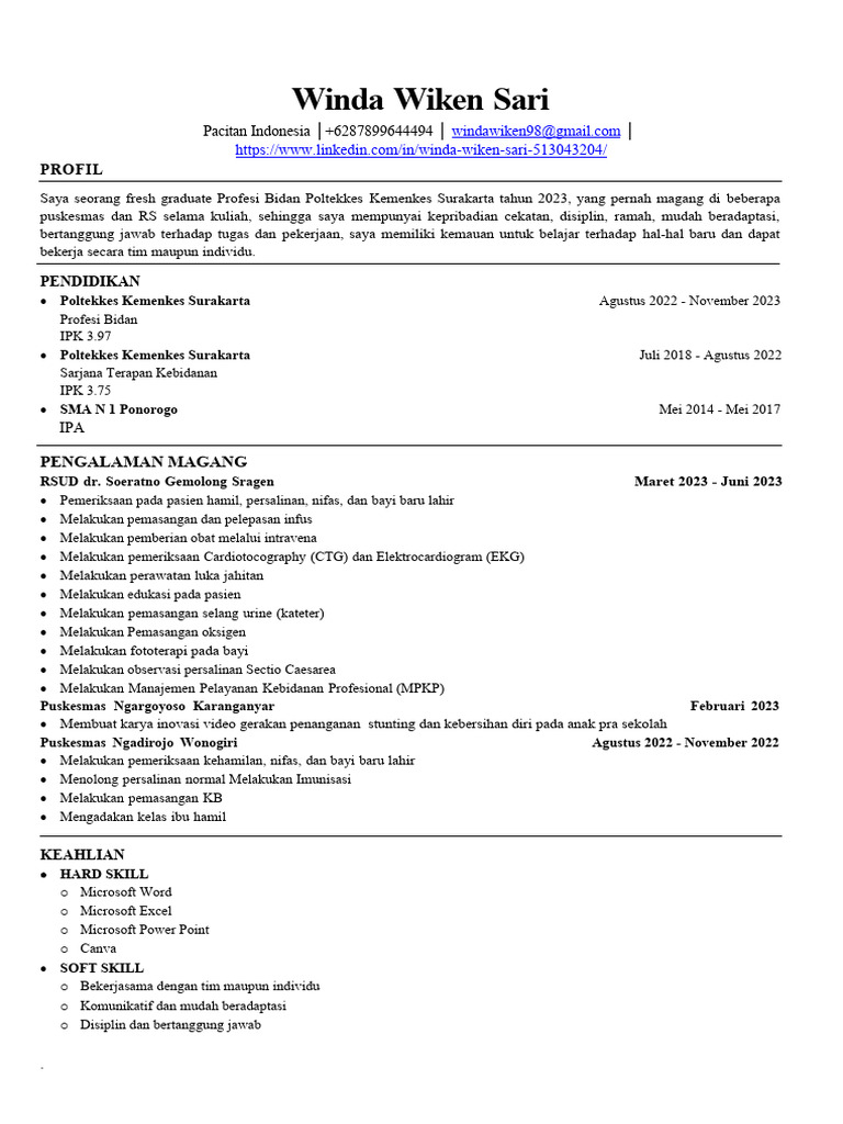 CV Ats Winda | PDF | Sains & Matematika