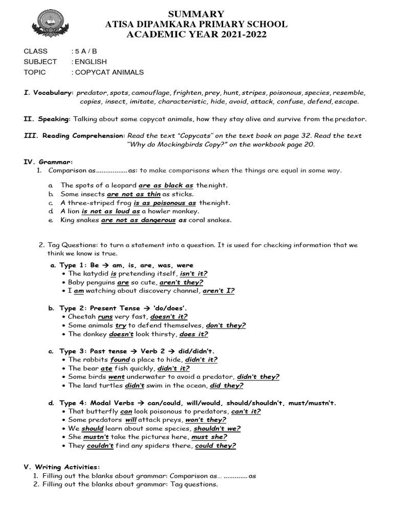 Copycat Animals for Grade 5 English | PDF | Predation