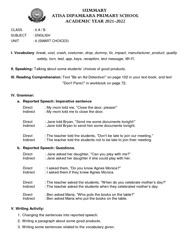 Class 6 English Unit 6 Summary | PDF