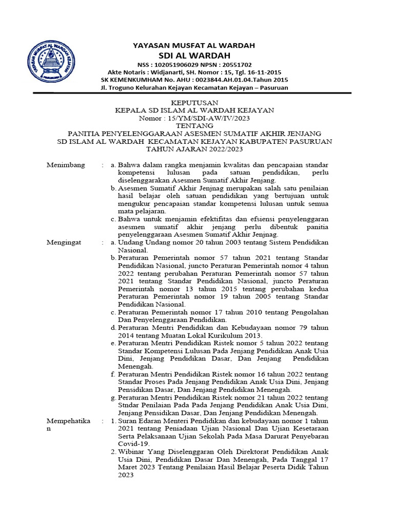 SK Panitia Asesmen Sumatif Akhir Semester | PDF SK Panitia Asesmen Sumatif Akhir Semester | PDF