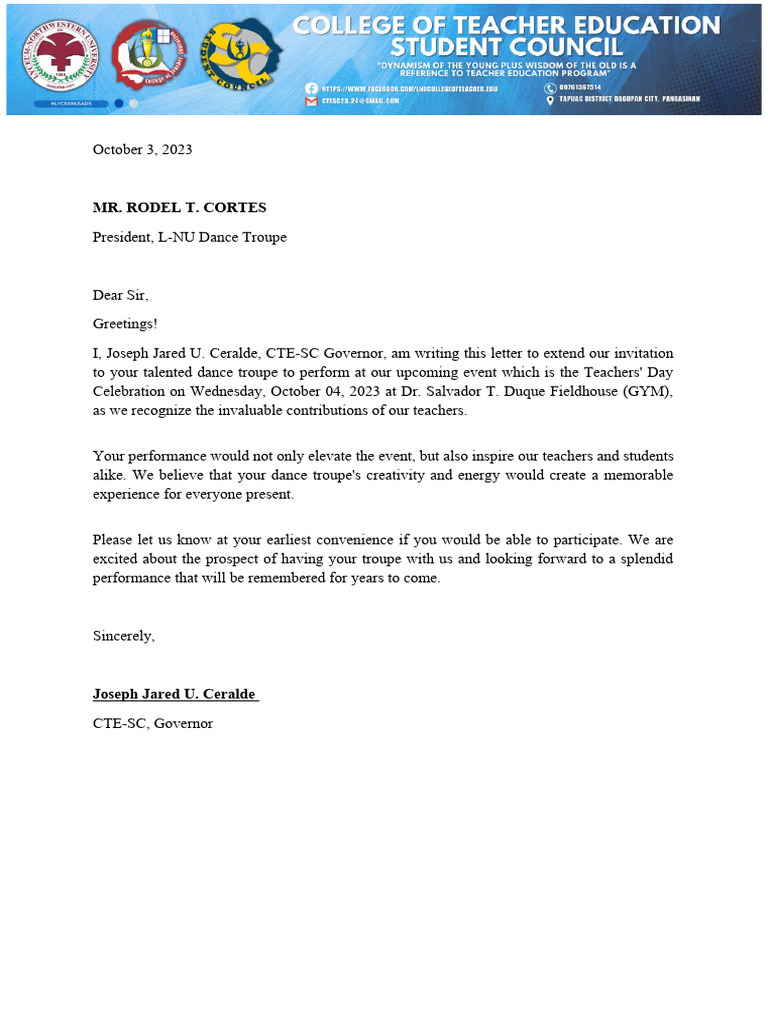 Letter For Dance Troupe | PDF