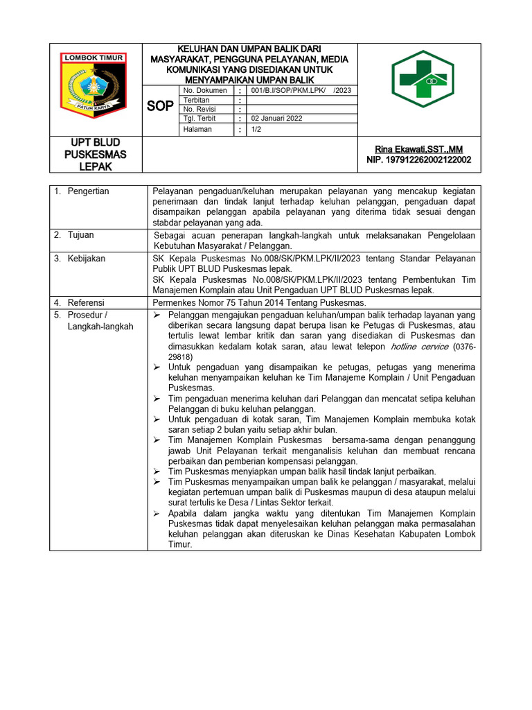 1.2.6.1 Sop Keluahan & Umpan Balik Dari Masy, Pengguna Pelayanan | PDF