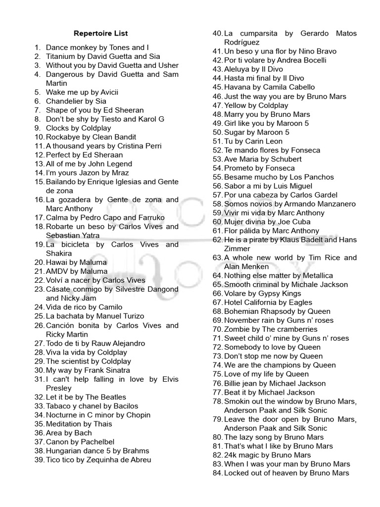 Repertoire List | PDF | Music Award Winners | Musicians