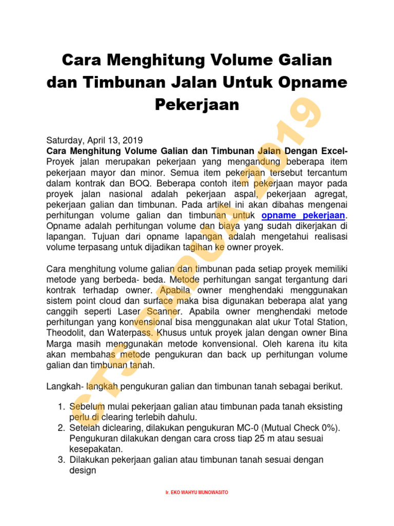Cara Menghitung Volume Galian Dan Timbunan Jalan Untuk Opname Pekerjaan | PDF | Metode & Bahan Ajar