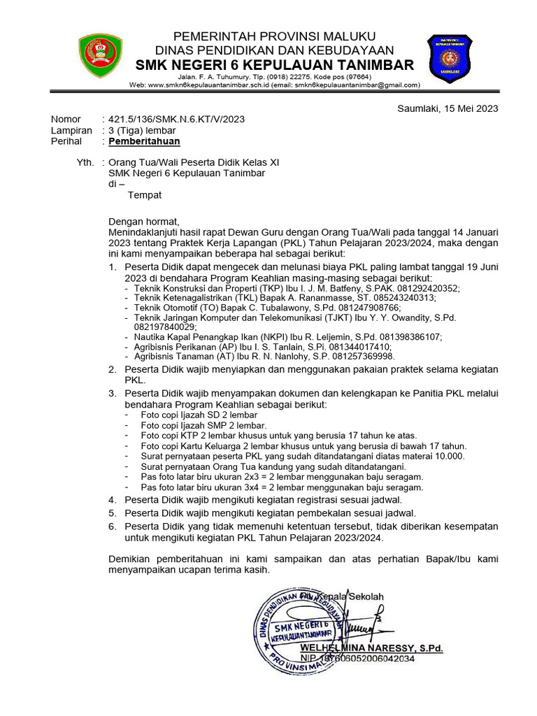 Surat Pemberitahuan - Lampiran - PKL 2023-2024 | PDF