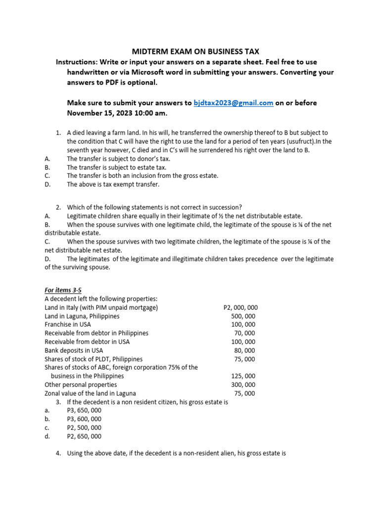 Business Tax Midterm Exam Instructions | PDF | Estate Tax In The United ...