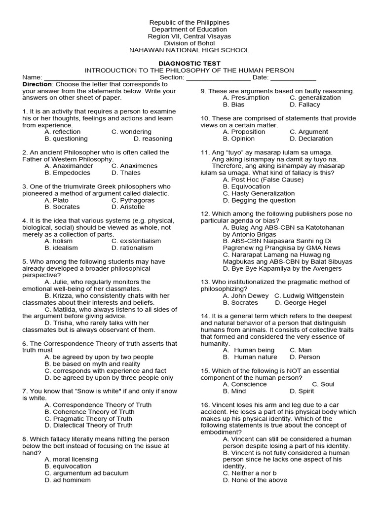 DIAGNOSTIC-TEST-IPHP-2021-with-answer-key[1] | PDF | Truth | Argument