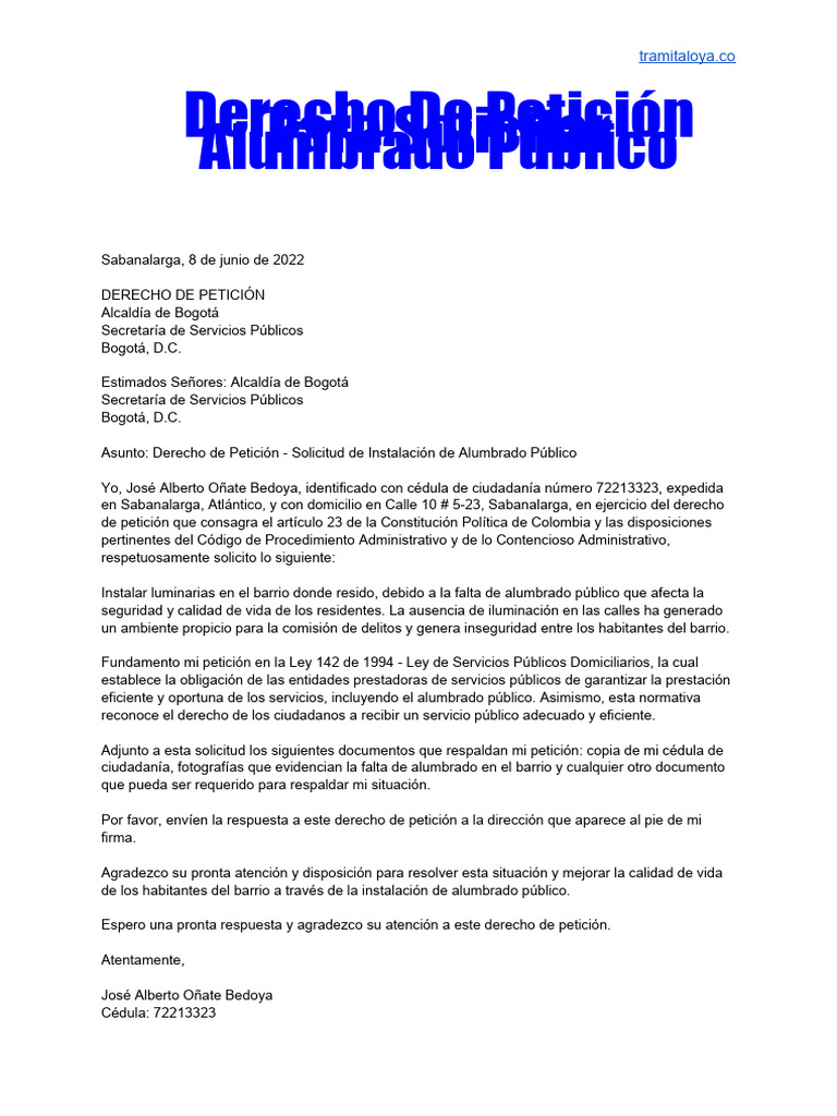 Modelo de Derecho de Peticion para Solicitar Alumbrado Publico | PDF ... Modelo de Derecho de Peticion para Solicitar Alumbrado Publico | PDF ...