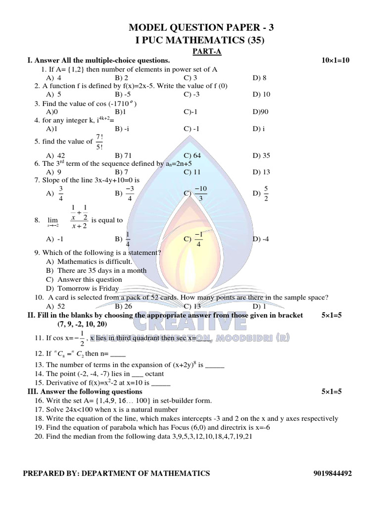 1 Pu Maths - Model QP - 3 | PDF | Mathematical Concepts | Mathematical Objects