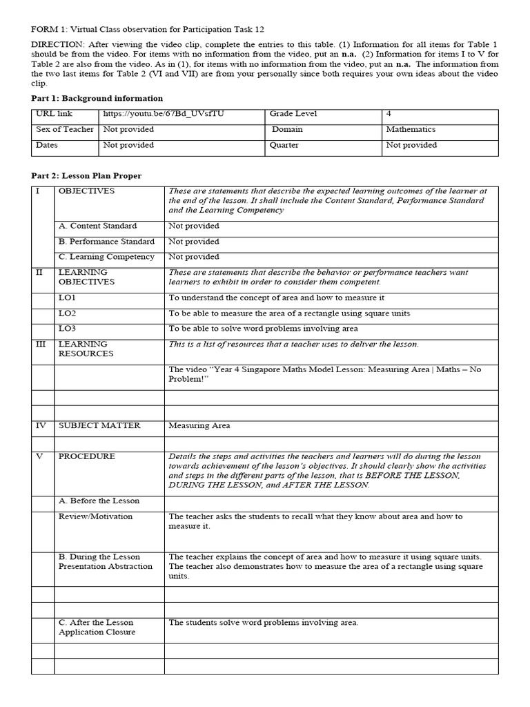 Daisyry Lodor CGT4 Virtual Class Observation | PDF | Lesson Plan | Teachers