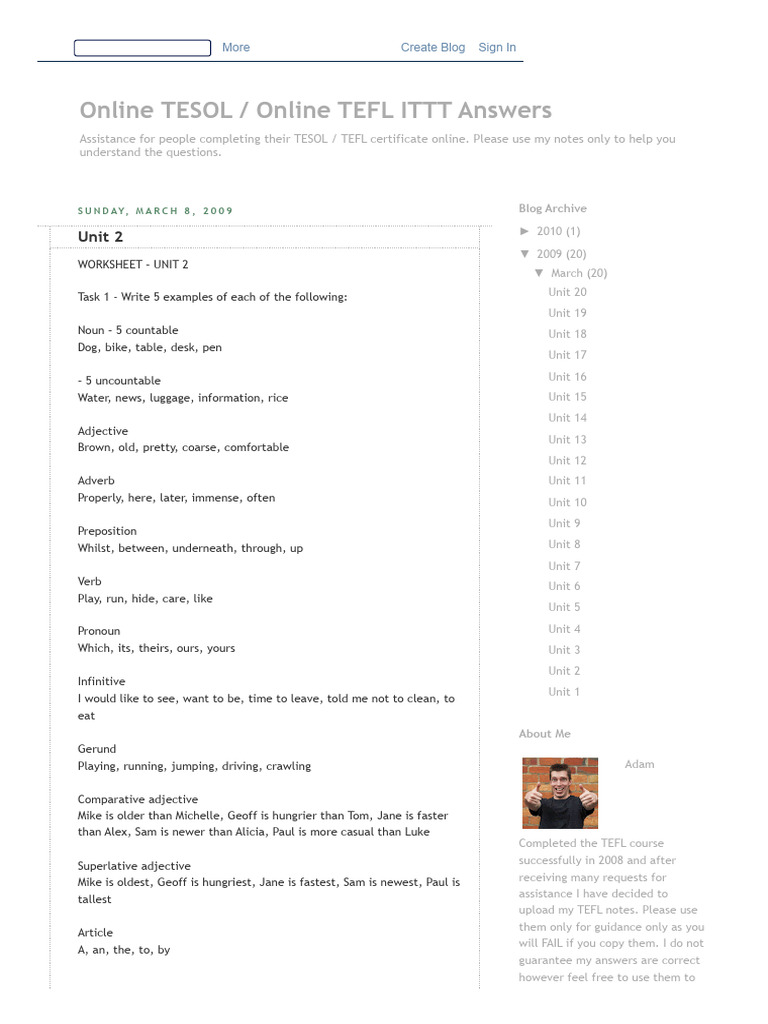 Online TESOL - Online TEFL ITTT Answers - Unit 2 | PDF | Adjective | Noun