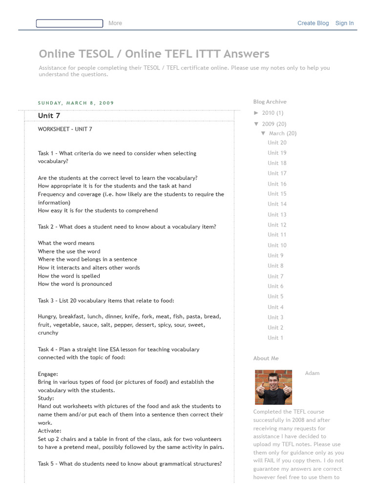 Online TESOL - Online TEFL ITTT Answers - Unit 7 | PDF | Vocabulary ...