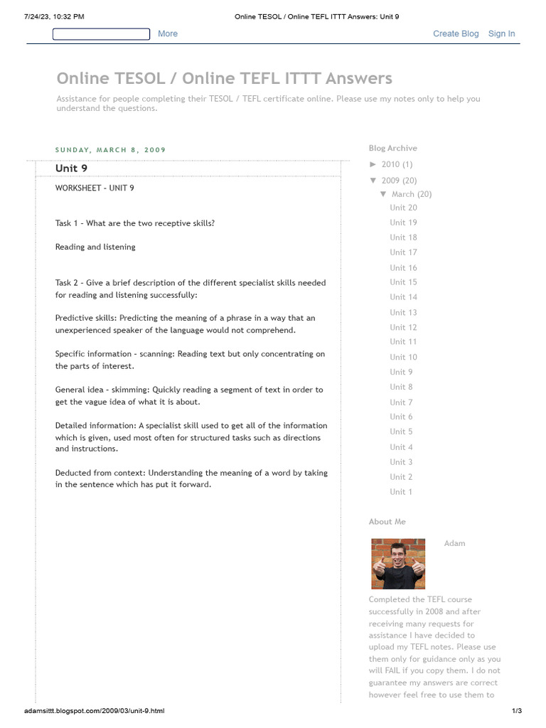 TEFL Unit 9: Receptive Skills Overview | PDF | Lesson Plan | Teachers