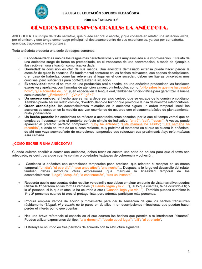 GÉNEROS DISCURSIVOS ORALES la anecdota | PDF