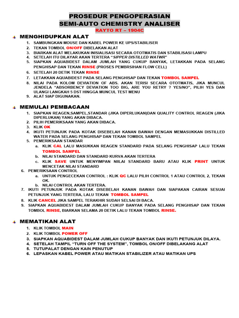 Prosedur Pengoprasian Semi-Auto Chemistry Analyzer | PDF