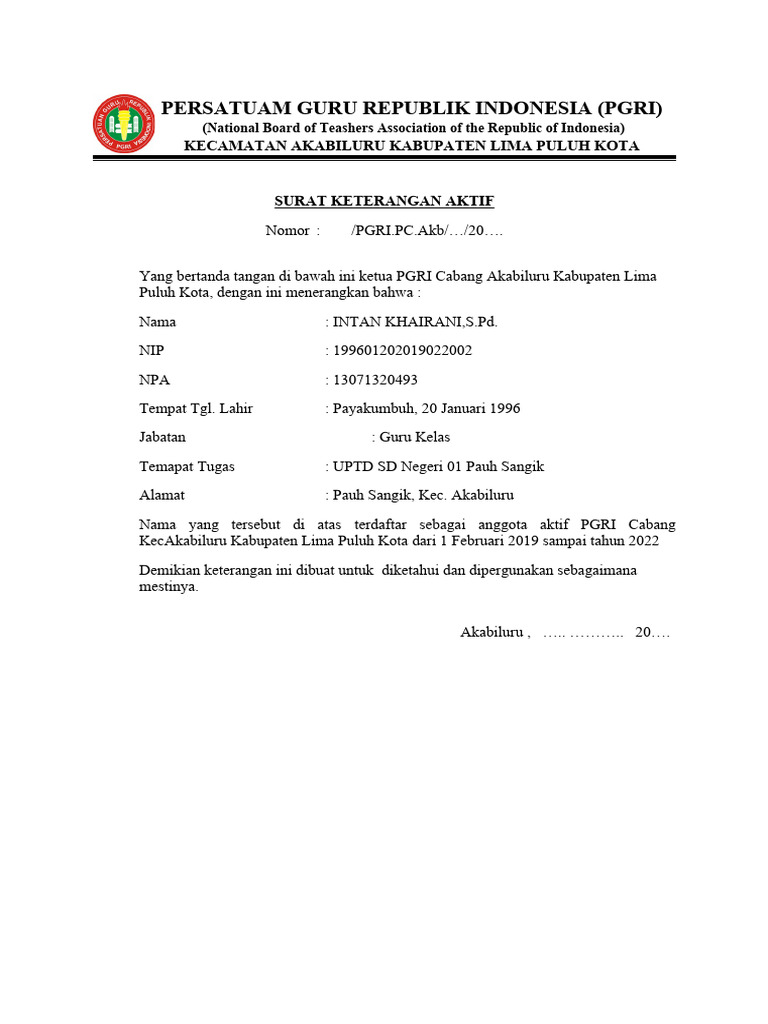 Form Surat Aktif PGRI 2018 S.D 2022 | PDF