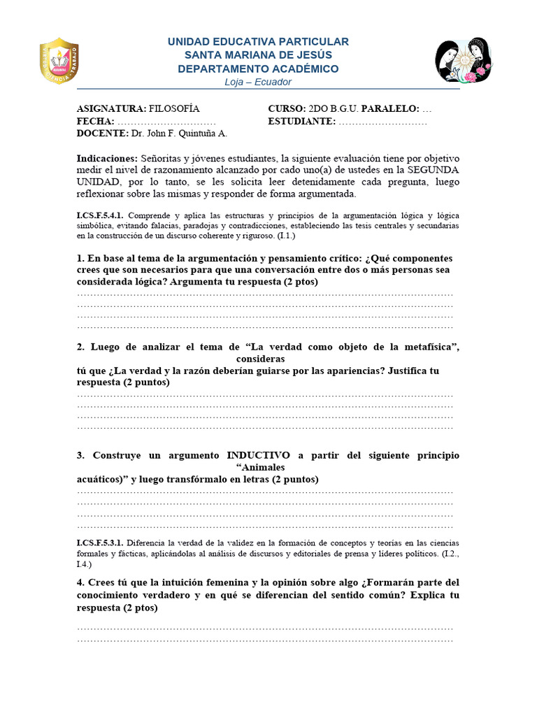 Prueba 2da Unidad Filosof. 2do Bgu John | PDF | Lógica | Verdad