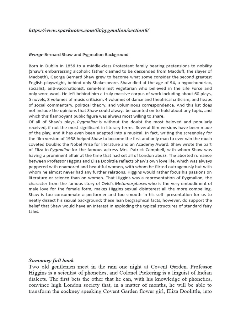 Shaw's Pygmalion: Summary & Analysis | PDF | Pygmalion (Play)
