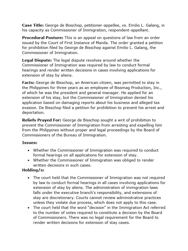 De Bisschop v. Galang Case Digest | PDF | Writ Of Prohibition | Habeas ...
