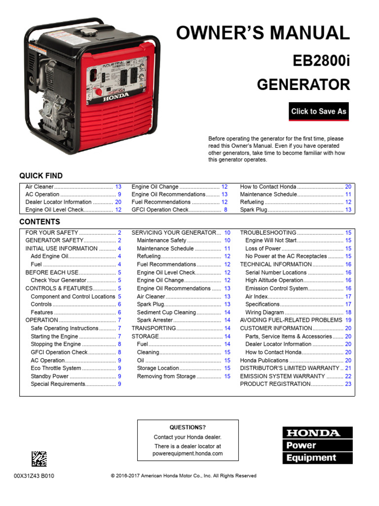 Honda EB2800i Generator Manual | PDF | Carburetor | Gasoline
