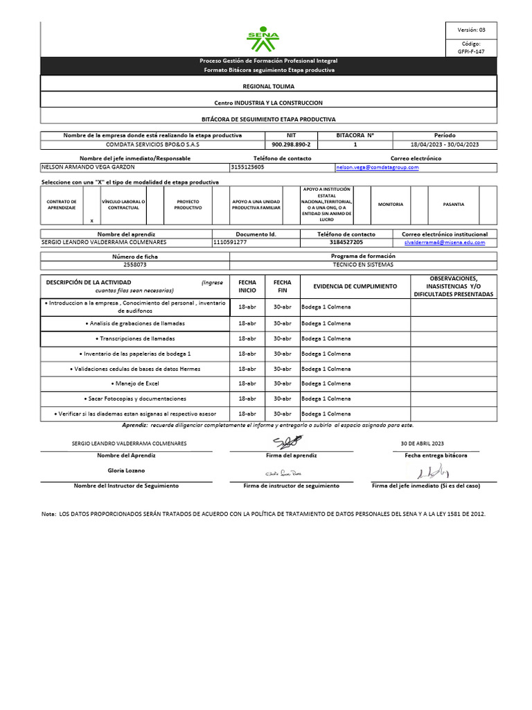 Formato GFPI-F-147 Bitácoras | PDF | Mesa de ayuda | Blog