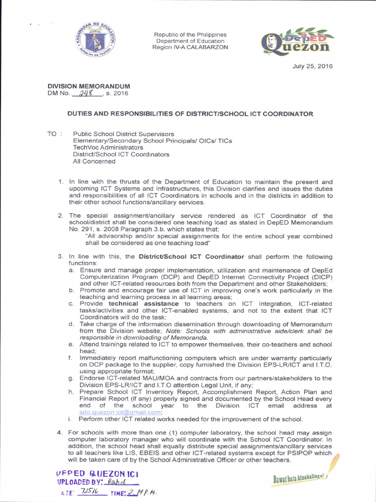 Dm248 16 Memo On Ict Coor Teachers Load Leave Credits Pdf