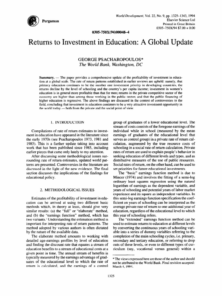 Returns To Investment In Education A Global Update Pdf Labour
