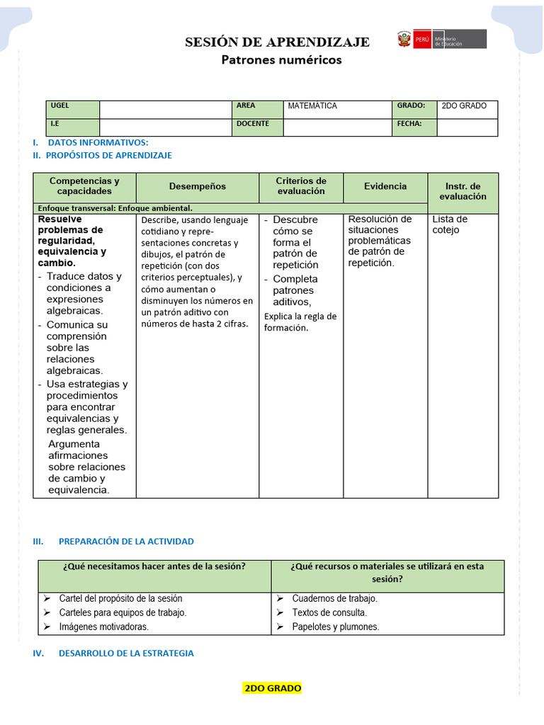 MATEMÁTICA 2DO GRADO 31 DE OCT Patrones Numéricos | PDF | Evaluación