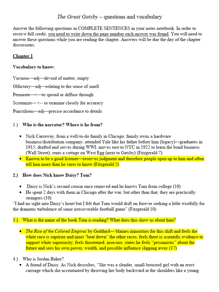 The Great Gatsby: Chapter Questions & Vocabulary | PDF | The Great Gatsby