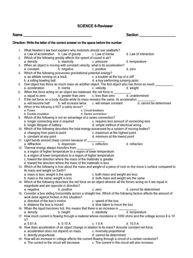 Science 8 Reviewer: Physics Concepts | PDF | Mass | Weight