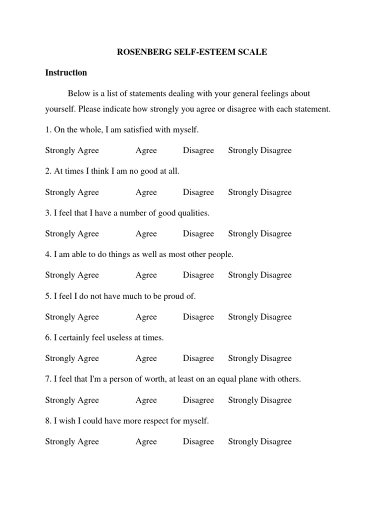 Rosenberg Self-Esteem Scale Questionnaire | PDF