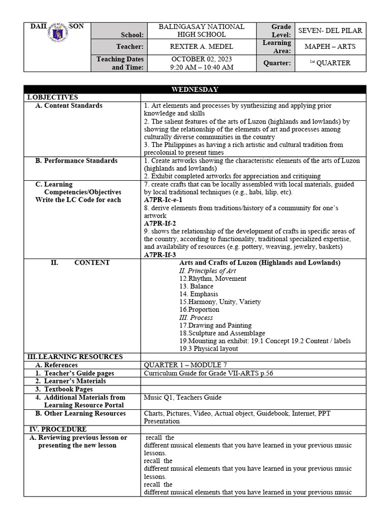 DLP Arts 7 Del Pilar q1 Wk2 Day2 | PDF | Learning | Cognition