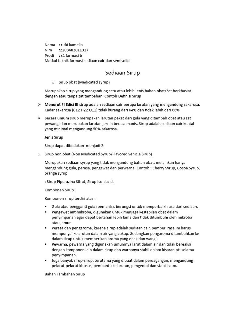Jenis dan Komponen Sediaan Sirup | PDF | Memasak, Makanan, & Anggur