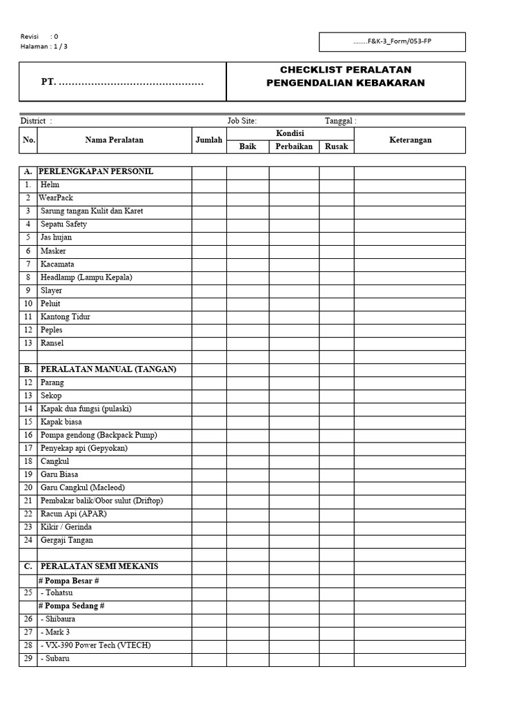 FORM 053 Checklist Peralatan | PDF