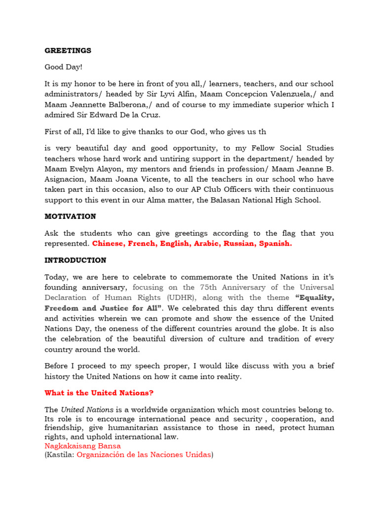 UnitednNations Day Speech | PDF | United Nations | International Relations