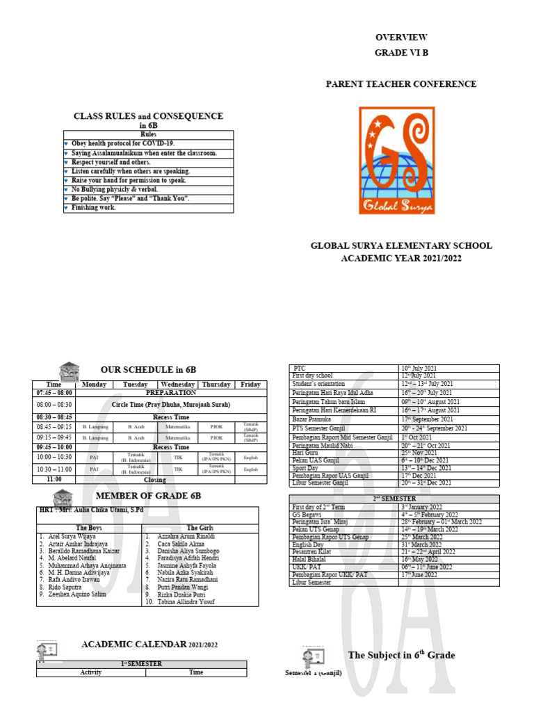 Grade 6B Class Rules and Schedule | PDF
