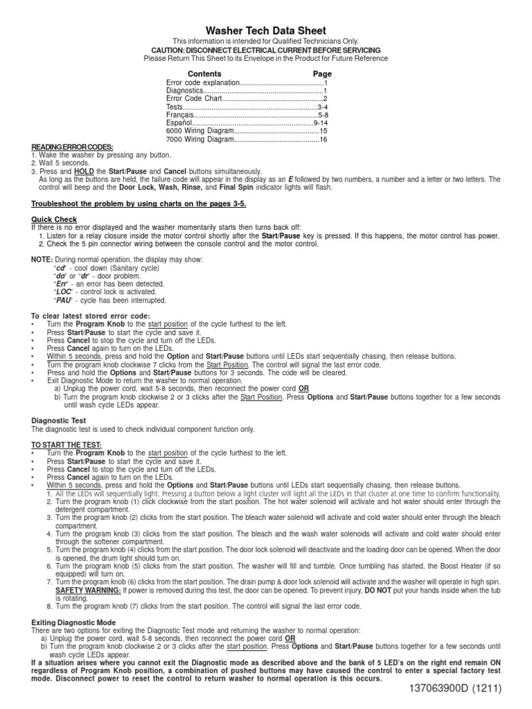 Frigidaire Washer Error Codes Guide | PDF | Washing Machine ...