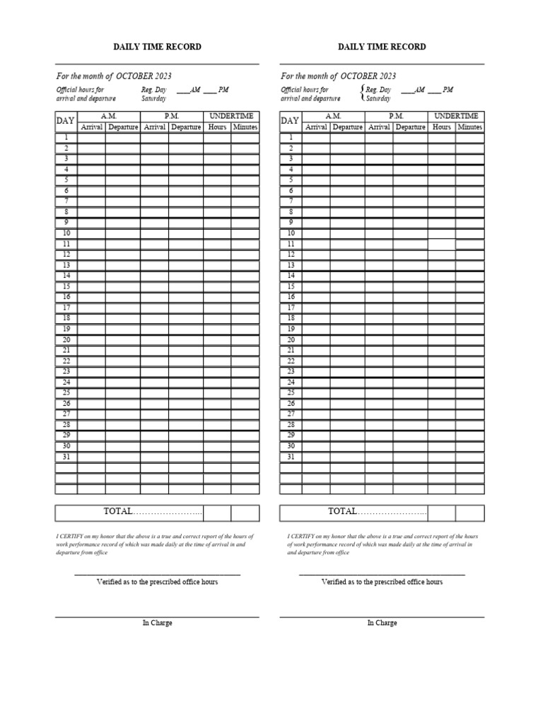October 2023 Daily Time Record | PDF