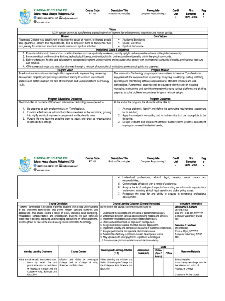 Syllabus IT Elective 1 PT 101 Platform Technologies | PDF | Cloud Computing | Software As A Service