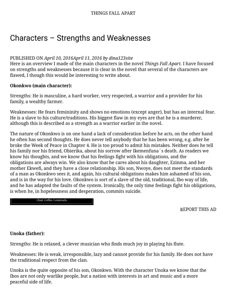 Characters - Strengths and Weaknesses - THINGS FALL APART | PDF