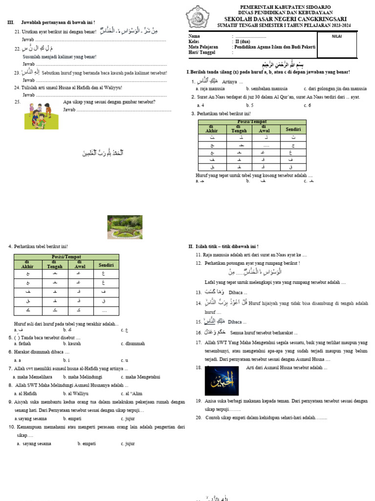 Soal STS 1 PAI Kls 2 TH 2023-2024 | PDF