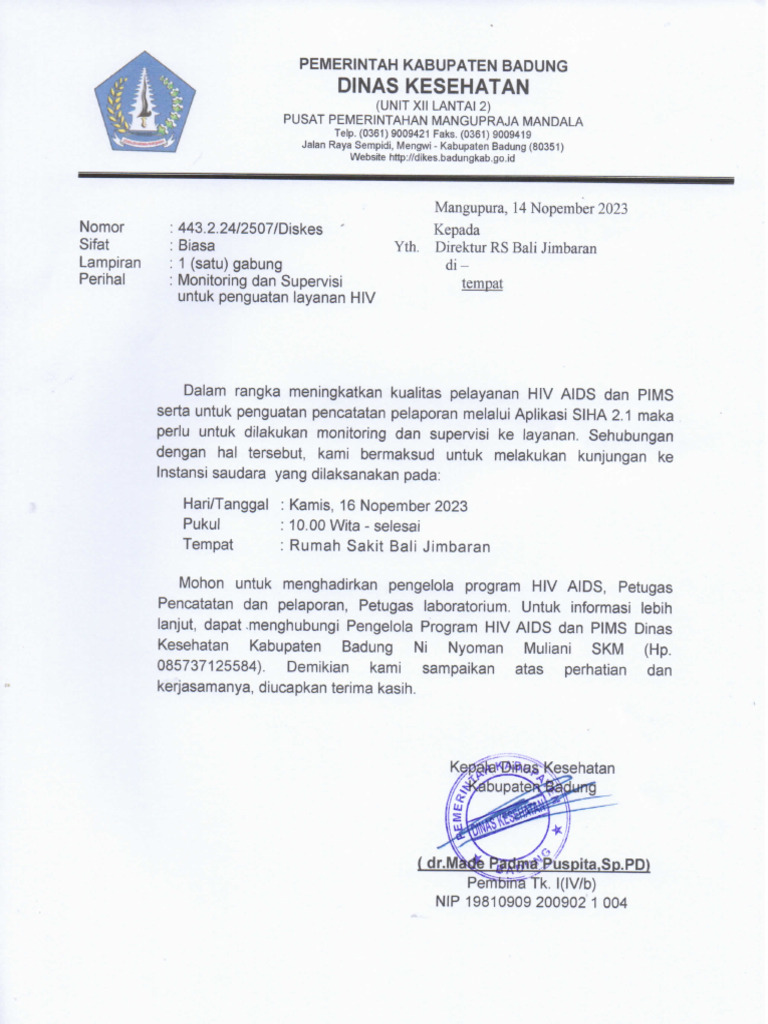 Surat Ijin Kunjungan Monev Ke RS Bali JImbaran | PDF Surat Ijin Kunjungan Monev Ke RS Bali JImbaran | PDF