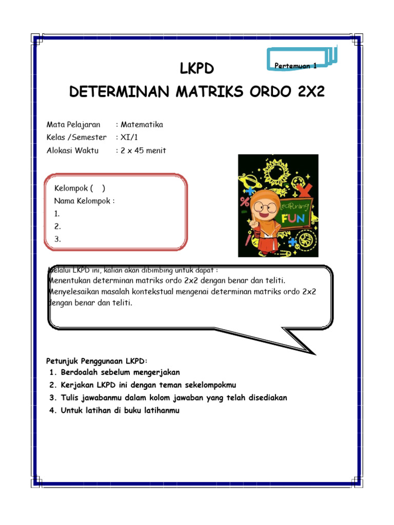 LKPD Determinan Matriks Ordo 2x2 Pertemuan 1 PDF Free | PDF