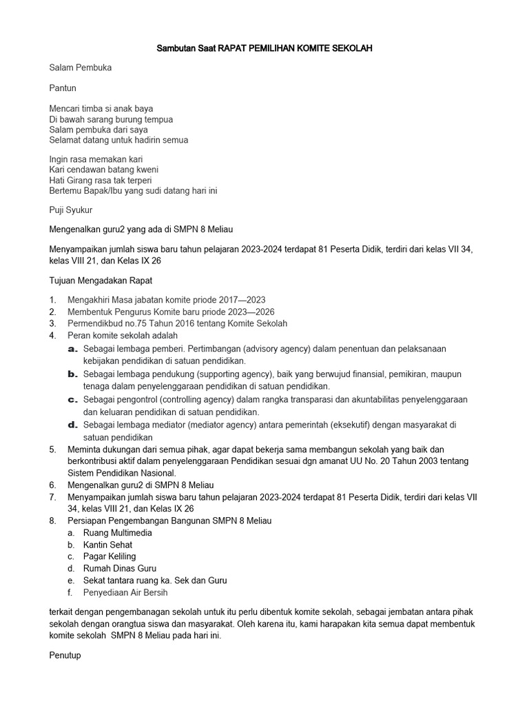 Contoh Draft Sambutan Pidato Rapat Komite Sekolah Pdf
