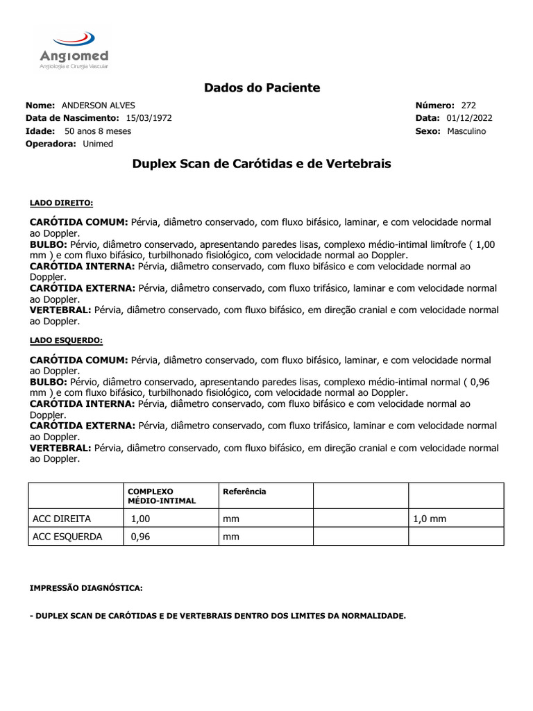Duplex Scan Normal de Carótidas e Vertebrais | PDF