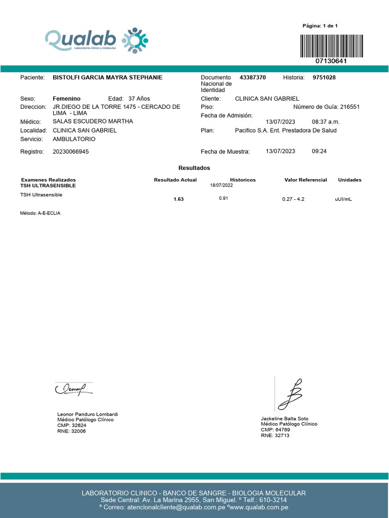 Resultados TSH Ultrasensible Clínica San Gabriel | PDF | Relaciones ...