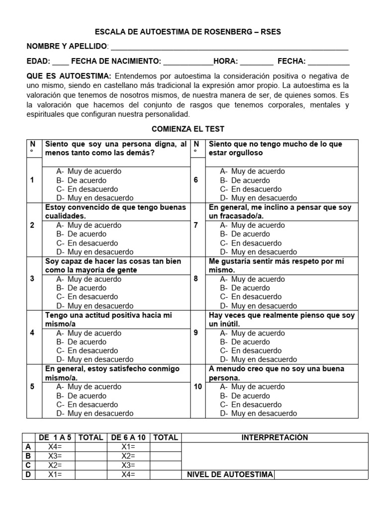 Escala de Autoestima de Rosenberg - Rses | PDF | Autoestima | Sicología
