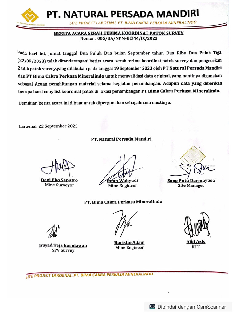 Berita Acara Serah Terima Koordinat Patok Survey | PDF